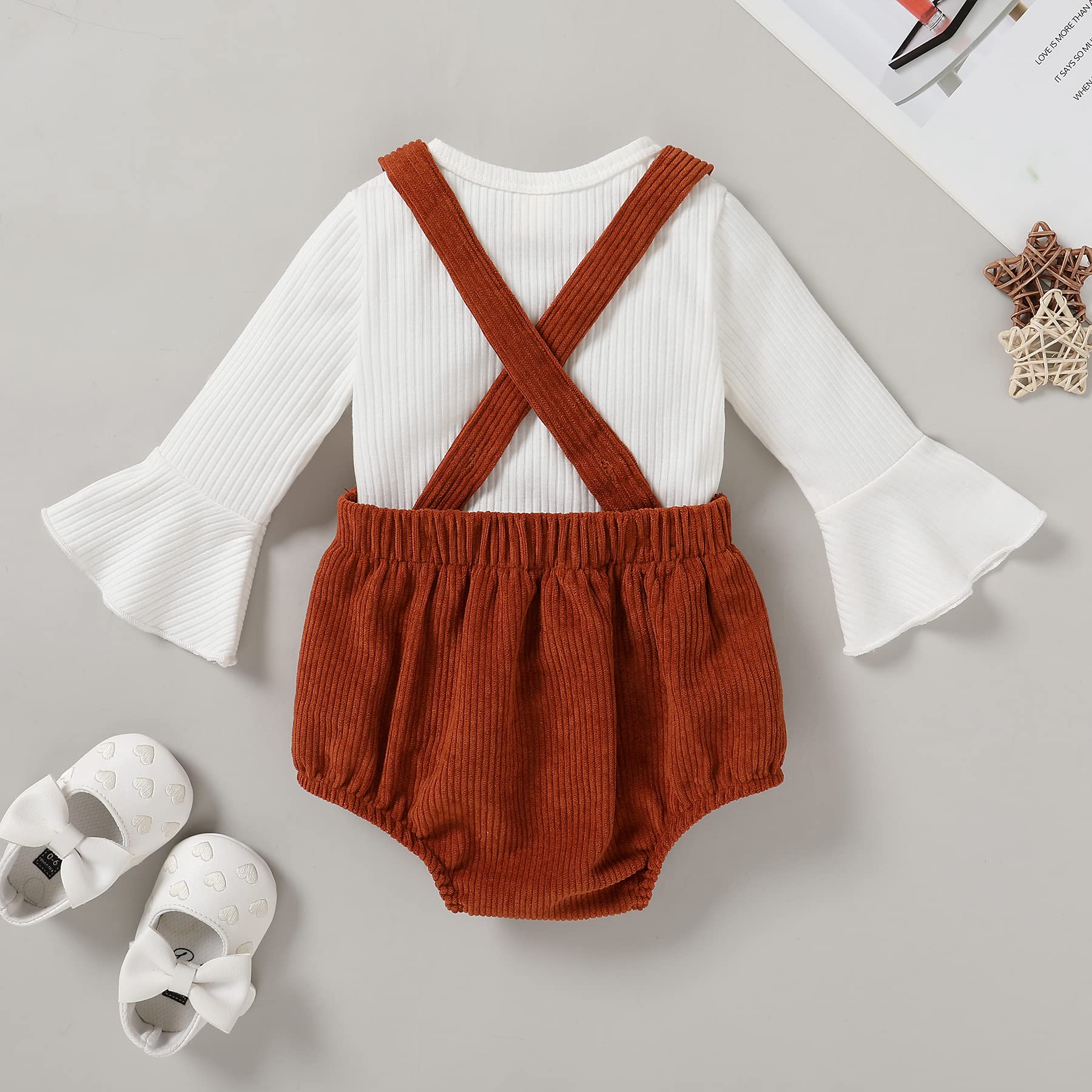 Tiny Cutey Newborn Baby Girl Clothes Bell Sleeve Romper and Corduroy Overalls Shorts Infant Girl Fall Outfits (White Romper & Brown Overalls, 6-12 Months)