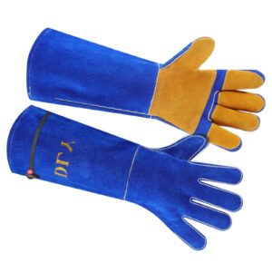 dly animal handling gloves, double cowhide leather reinforced padding, dog bite gloves for grabbing cat, reptile, grooming, falcon, 17.7 inches, yellow-blue