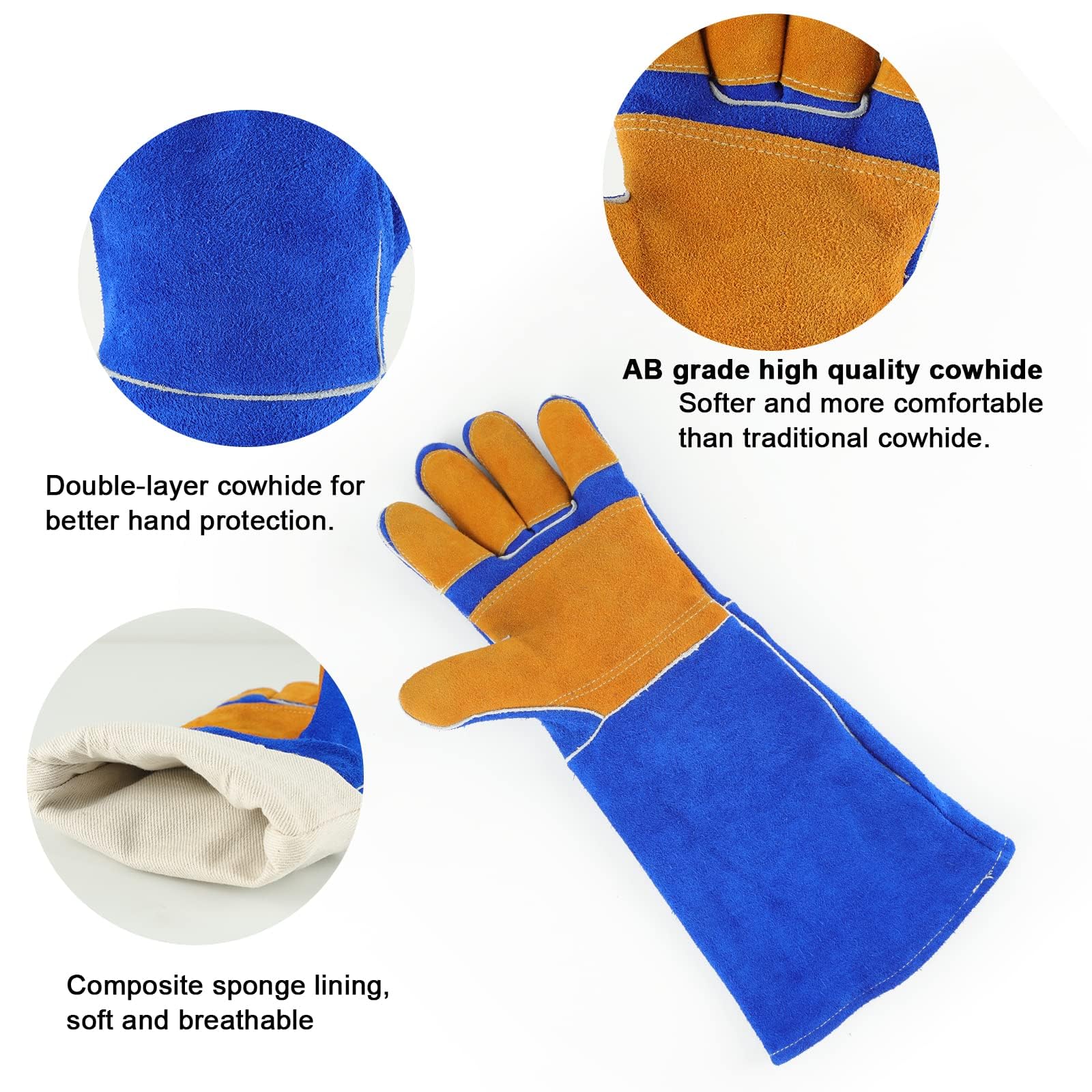 DLY Animal Handling Gloves, Double Cowhide Leather Reinforced Padding, Dog Bite Gloves for Grabbing Cat, Reptile, Grooming, Falcon, 17.7 Inches, Yellow-blue