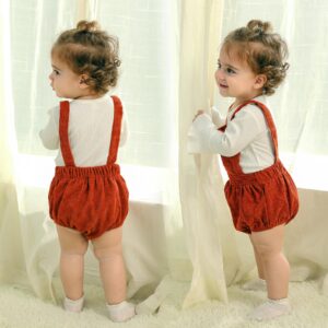 Tiny Cutey Newborn Baby Girl Clothes Bell Sleeve Romper and Corduroy Overalls Shorts Infant Girl Fall Outfits (White Romper & Brown Overalls, 6-12 Months)