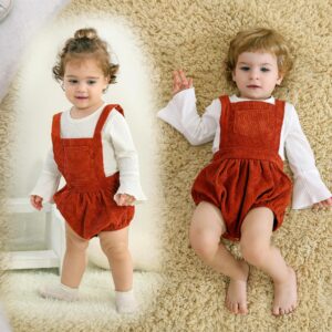 Tiny Cutey Newborn Baby Girl Clothes Bell Sleeve Romper and Corduroy Overalls Shorts Infant Girl Fall Outfits (White Romper & Brown Overalls, 6-12 Months)