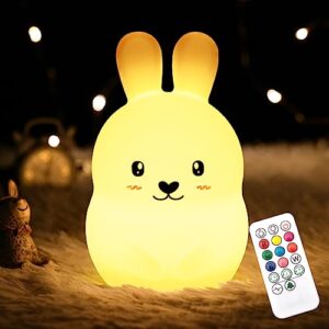 chwares night light for kids, bunny nursery night lights with remote, 7 color kawaii lamp, room decor, usb rechargeable, cute lamp gifts for baby, children, toddlers, teen girls