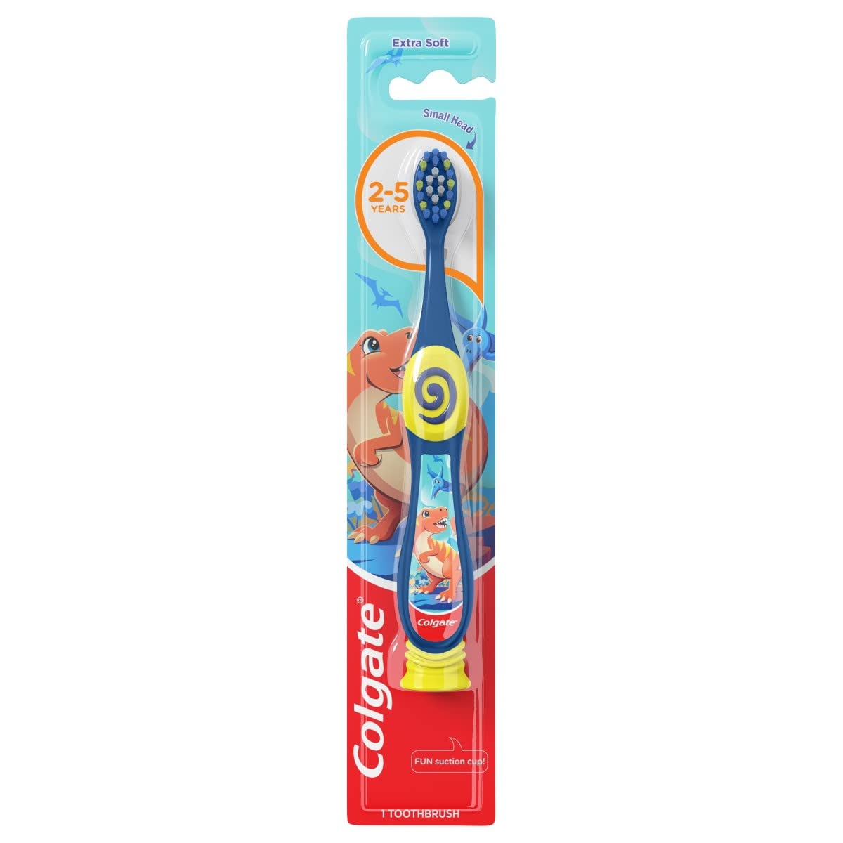 Colgate Dinosaur Toothbrush for Children with Suction Cup, Kids 2-5 Years Old, Extra Soft - Pack of 2