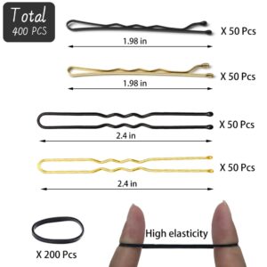 400 Pcs Hair Pins Kit, Including 100 Pcs Bobby Pins, 100 Pcs U Hair Pins, 200 Black Rubber Hair Bands, Hair Pin for Girls and Women, Great for All Hair Types (Black, Gold)