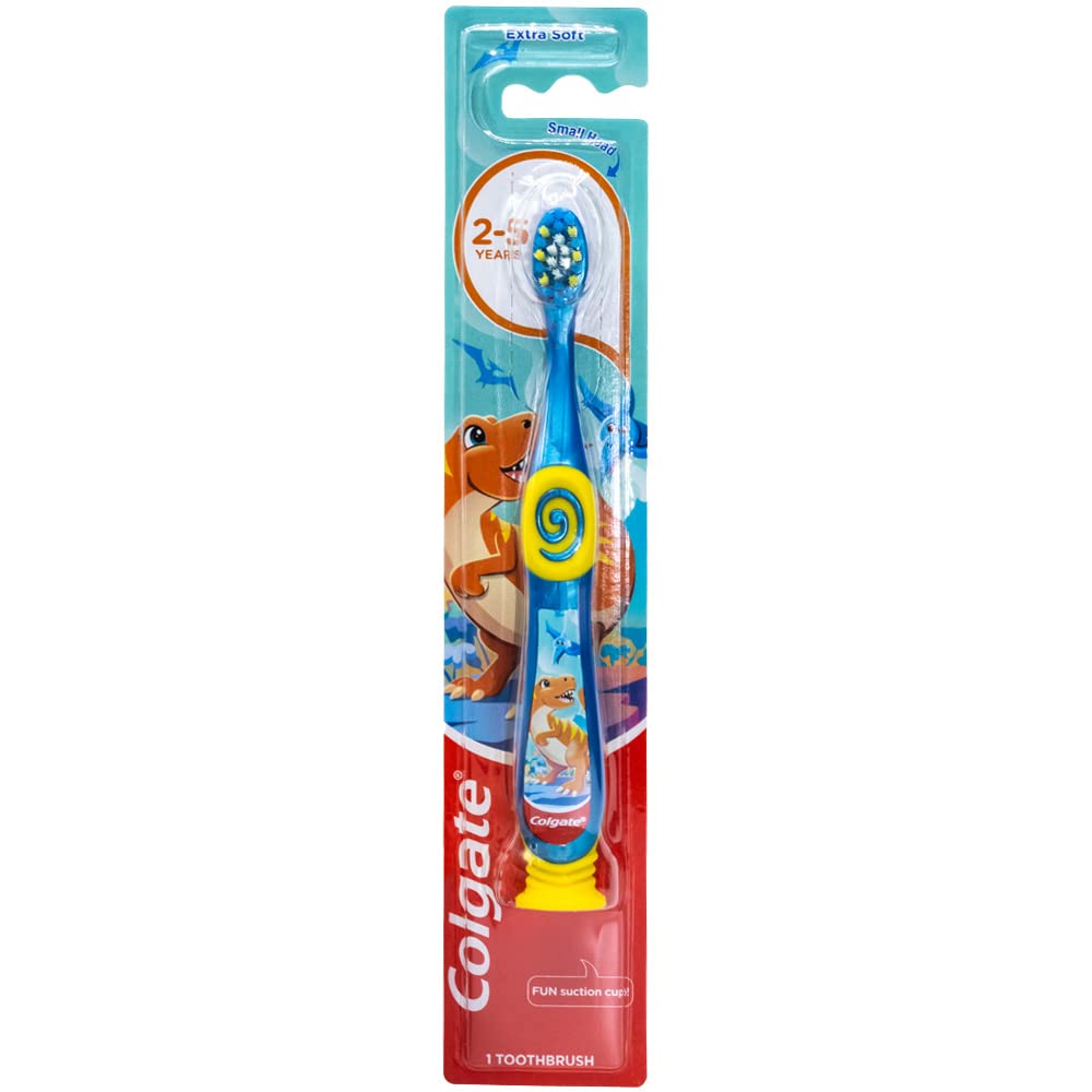 Colgate Dinosaur Toothbrush for Children with Suction Cup, Kids 2-5 Years Old, Extra Soft - Pack of 2