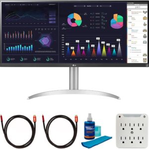 lg 34wq650-w 34 inch 21:9 ultrawide full hd 2560 x 1080 100hz ips monitor bundle with 2x 6ft universal 4k hdmi 2.0 cable, universal screen cleaner and 6-outlet surge adapter