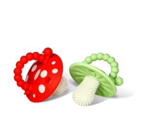 razbaby chompy teether for infant & baby 3m+ teether toy with massaging bristles for teething relief pacifier - soothes sore gums - hands-free & easy-to-hold teether, bpa free - red/green