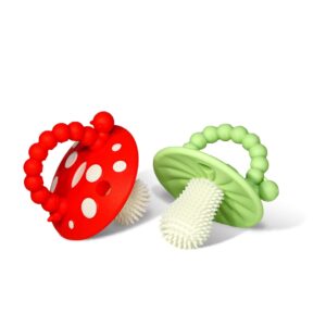 RaZbaby Chompy Teether for Infant & Baby 3M+ Teether Toy with Massaging Bristles for Teething Relief Pacifier - Soothes Sore Gums - Hands-Free & Easy-to-Hold Teether, BPA Free - RED/Green