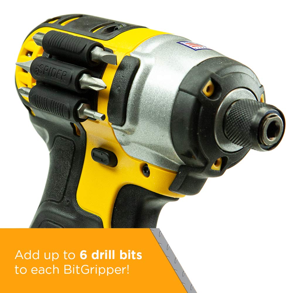 Spider Tool Holster - BitGripper v2 - Pack of Two - High Strength 3M Adhesive Drill add-on for Easy Access to six Driver bits on The Side of Your Power Drill or Driver! - Includes One Alcohol Swab