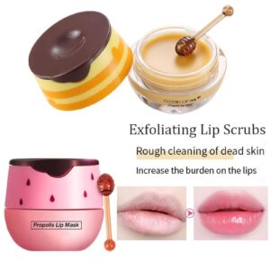 Bee Lip Balm Honey Pot, Strawberry & Honey Moisturizing Propolis Lip Mask, Hydrating & Prevention Dry and Cracked Lip Scrubs Exfoliator, Reduces Lip Lines (Yellow & Pink)