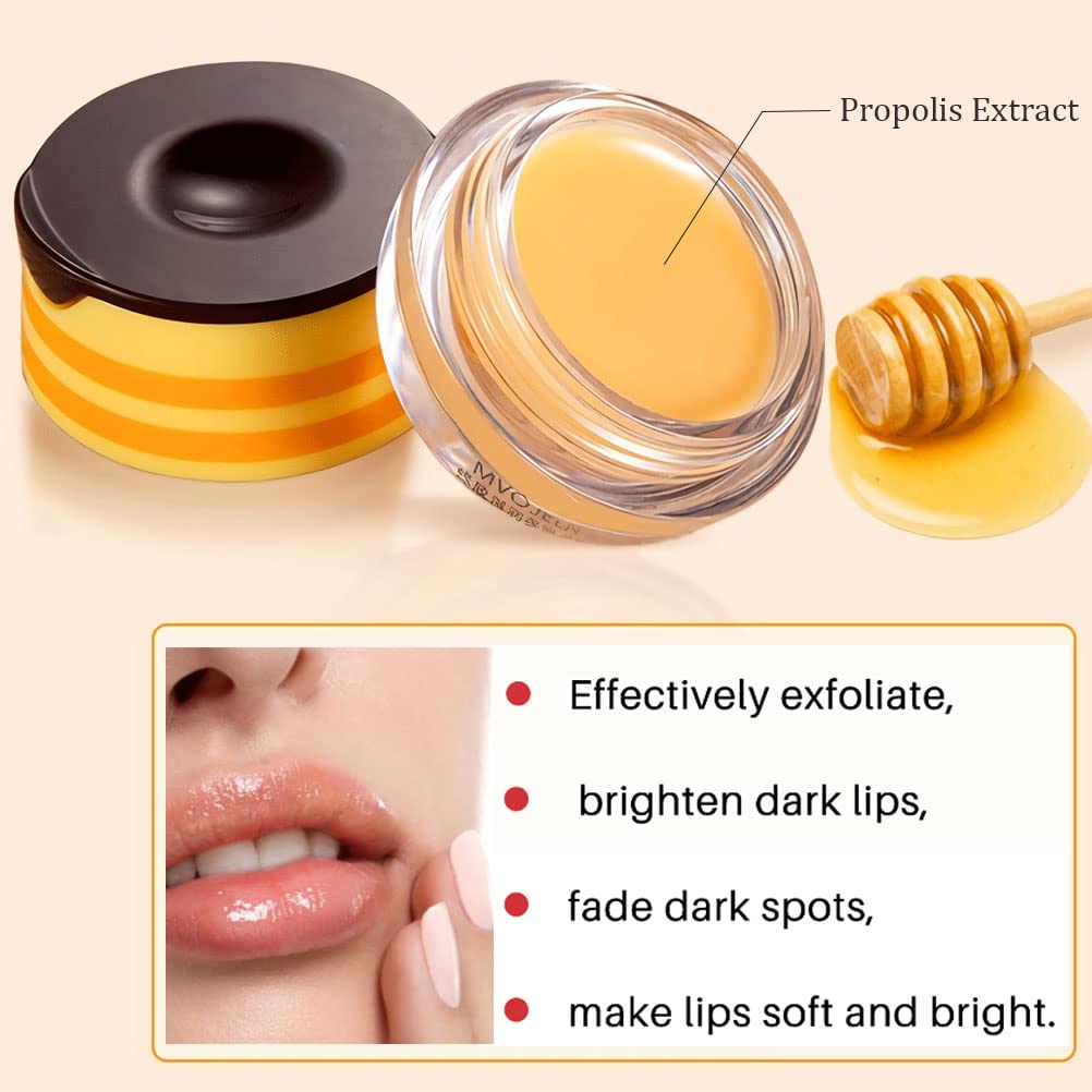 Bee Lip Balm Honey Pot, Strawberry & Honey Moisturizing Propolis Lip Mask, Hydrating & Prevention Dry and Cracked Lip Scrubs Exfoliator, Reduces Lip Lines (Yellow & Pink)