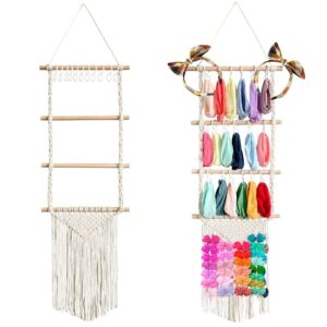 nerien headband holder, hair bow organizer for girls baby toddler, macrame wood hair accessories wall closet hanging storage display, for hair ribbons ties clips, with 30 pcs hooks for shower room