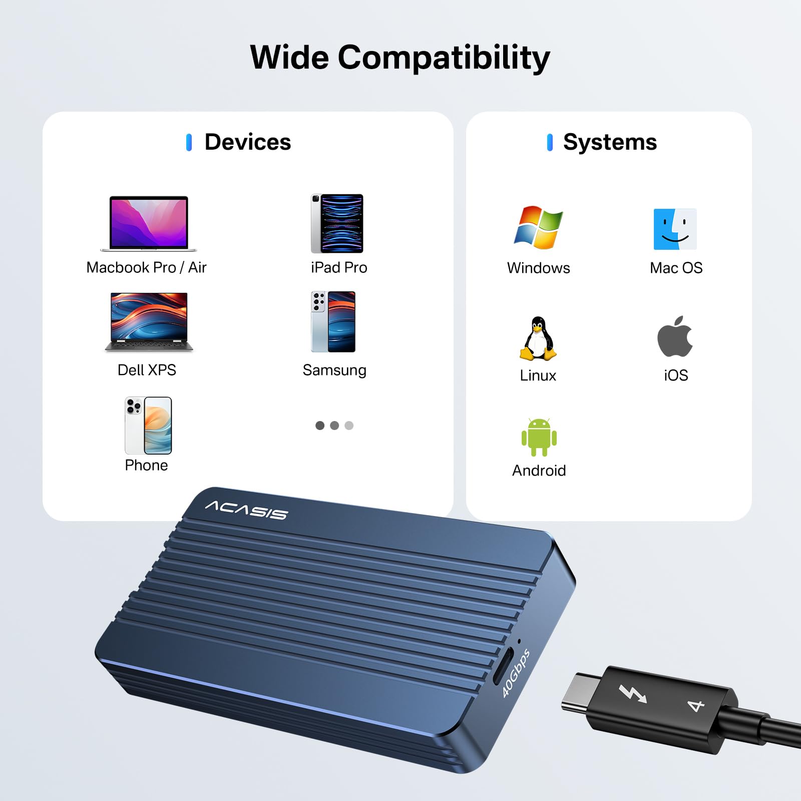 ACASIS 40Gbps M.2 NVMe SSD Enclosure, TBU 405 for M1 M2 Pro/Max, Compatible with USB4/3.2/3.1/3.0/2.0, Support SSD Size 2280 B+M M-Key