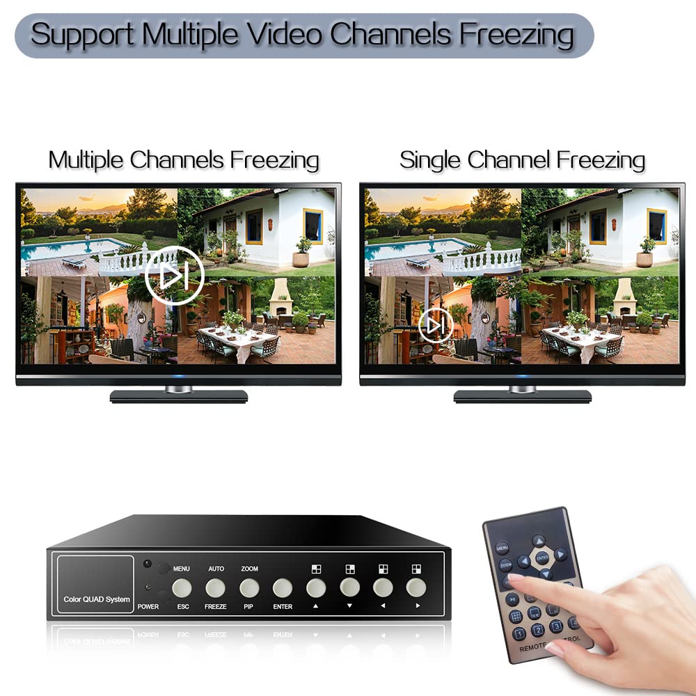 4 Channel 1080P HD Video Quad Video Processor Video Image Switcher Video Multiplexer for AHD CVI TVI CCTV Security Cameras with Digital Zoom, Multiple Video Freezing, Video Loss Alarm Functions