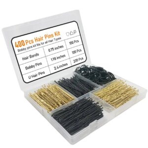 400 pcs hair pins kit, including 100 pcs bobby pins, 100 pcs u hair pins, 200 black rubber hair bands, hair pin for girls and women, great for all hair types (black, gold)