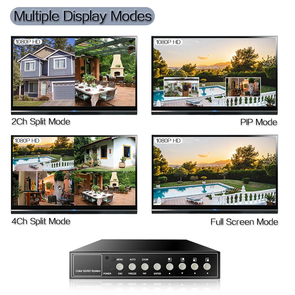 4 Channel 1080P HD Video Quad Video Processor Video Image Switcher Video Multiplexer for AHD CVI TVI CCTV Security Cameras with Digital Zoom, Multiple Video Freezing, Video Loss Alarm Functions