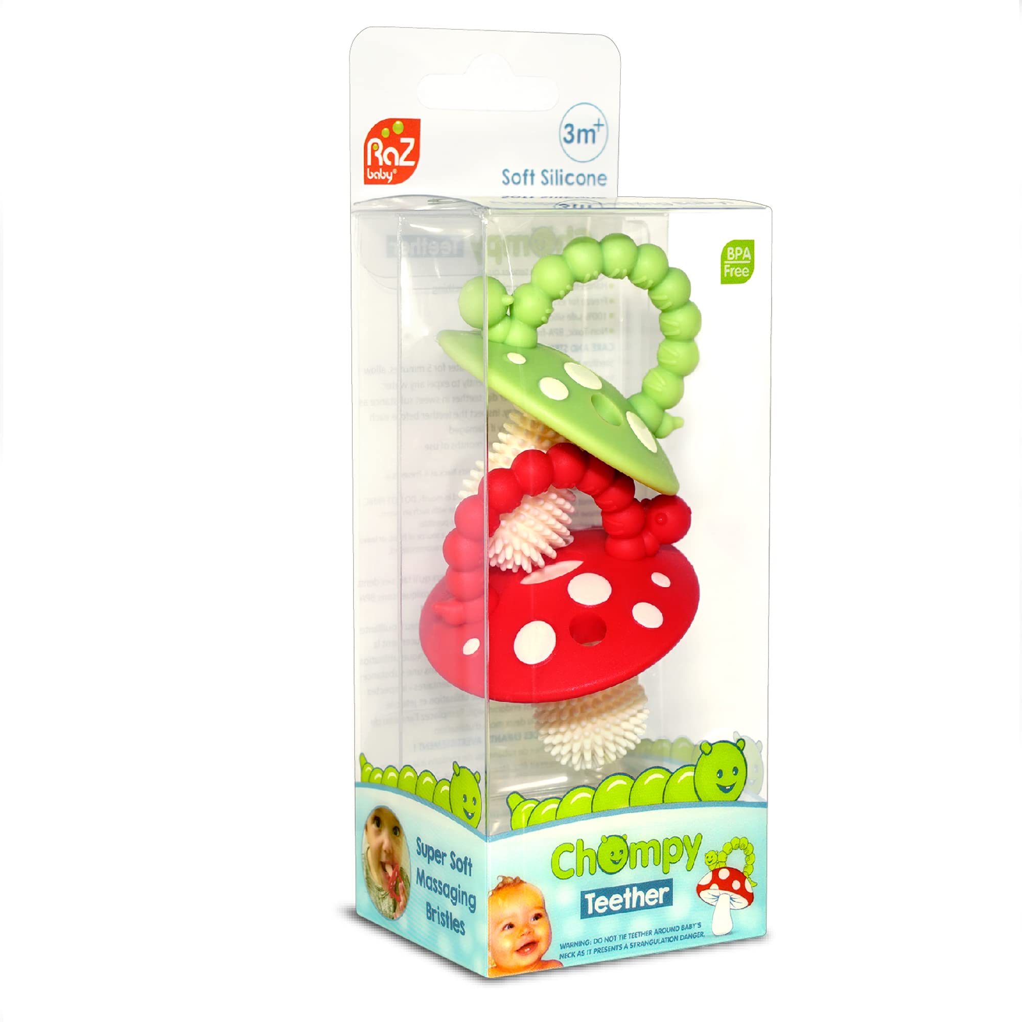 RaZbaby Chompy Teether for Infant & Baby 3M+ Teether Toy with Massaging Bristles for Teething Relief Pacifier - Soothes Sore Gums - Hands-Free & Easy-to-Hold Teether, BPA Free - RED/Green