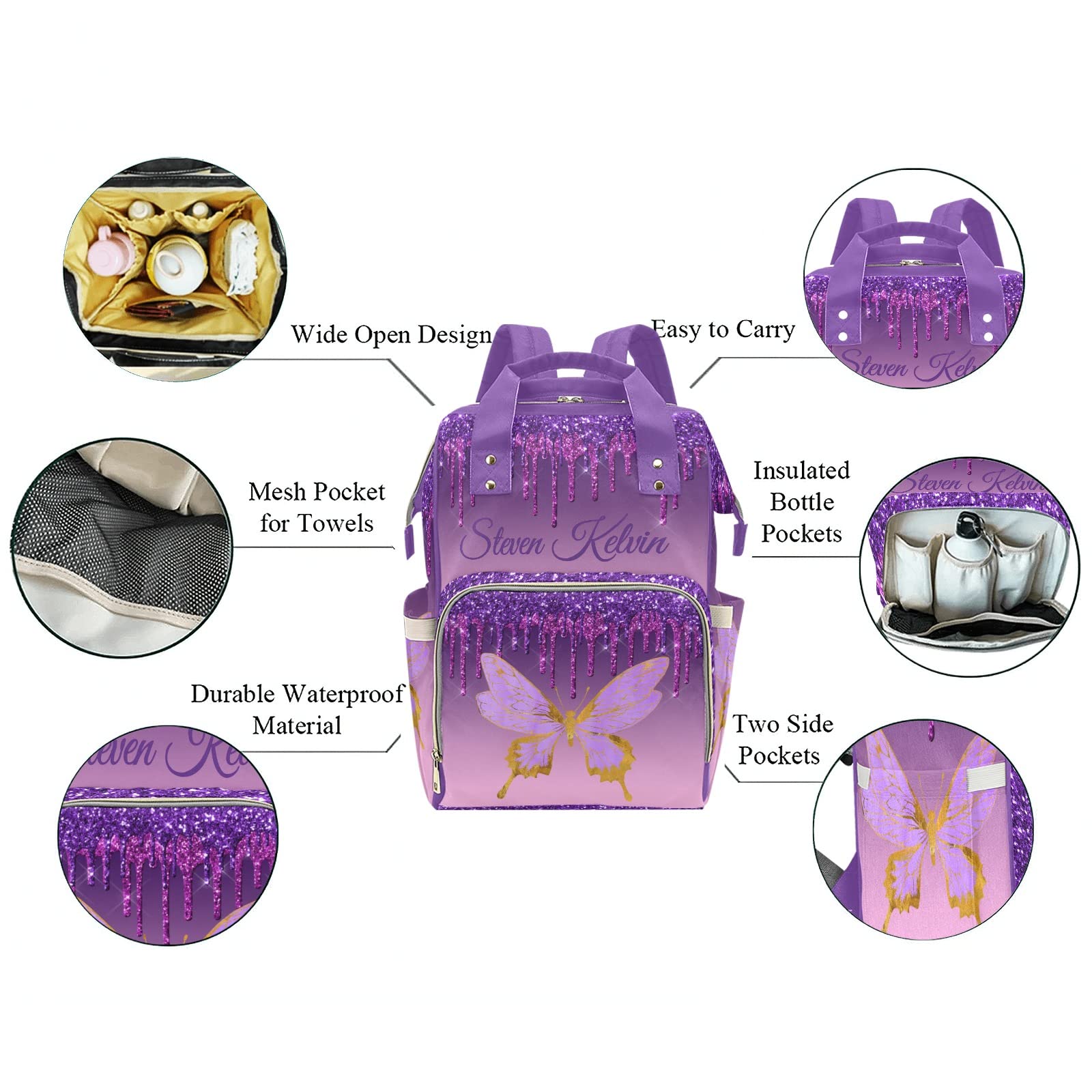 Purple Butterfly Dripping Personalized Diaper Backpack with Name,Custom Travel DayPack for Nappy Mommy Nursing Baby Bag One Size