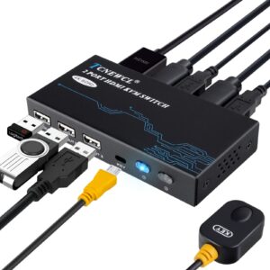 tcnewcl hdmi kvm switch, 4k@60hz kvm switch for 2 computers share 1 monitor and 3 usb devices keyboard mouse printer, included 2 hdmi cables and 2 usb cables