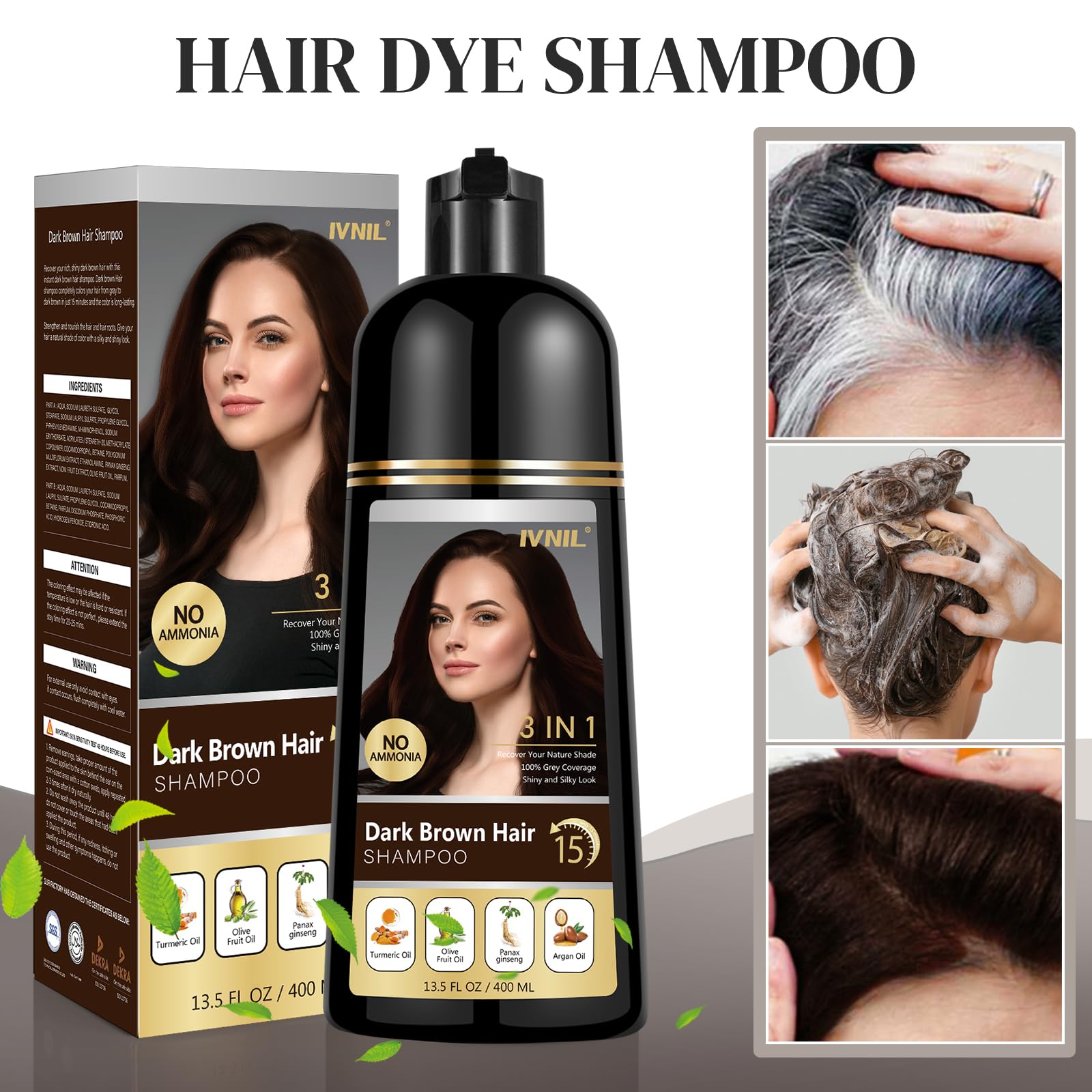 Ivnil Dark Brown Hair Dye Shampoo 3 in 1 Hair Color Shampoo for Gray Coverage Herbal Semi Permanent Champu Para Canas Con Tinte for Women and Men - Instant Result