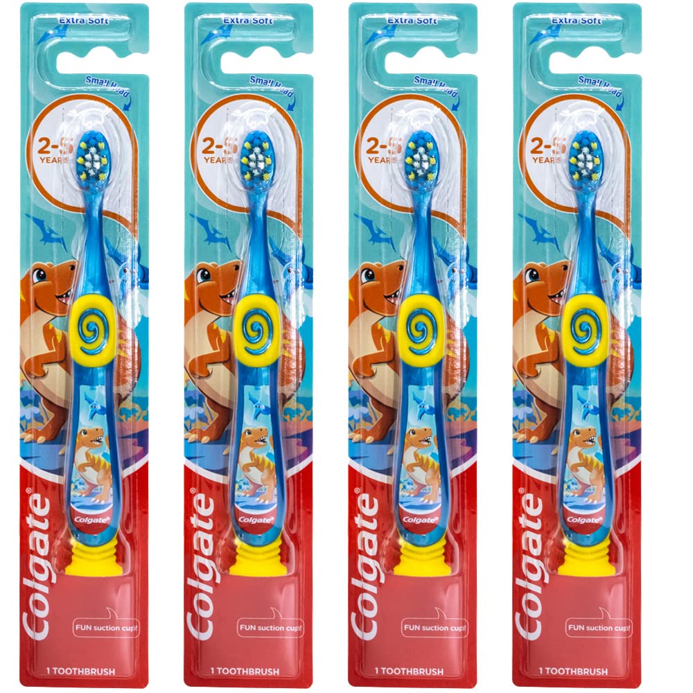 Colgate Dinosaur Toothbrush for Children with Suction Cup, Kids 2-5 Years Old, Extra Soft - Pack of 4