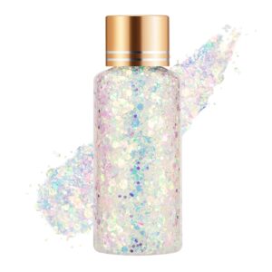 holographic body glitter gel for face, body, nail, super long lasting waterproof quick dry liquid chunky glitter eyeshadow for rave festival party makeup accessories, 1oz (mermaid white)