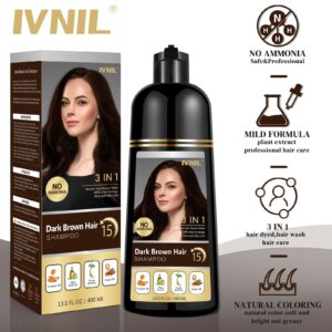 Ivnil Dark Brown Hair Dye Shampoo 3 in 1 Hair Color Shampoo for Gray Coverage Herbal Semi Permanent Champu Para Canas Con Tinte for Women and Men - Instant Result