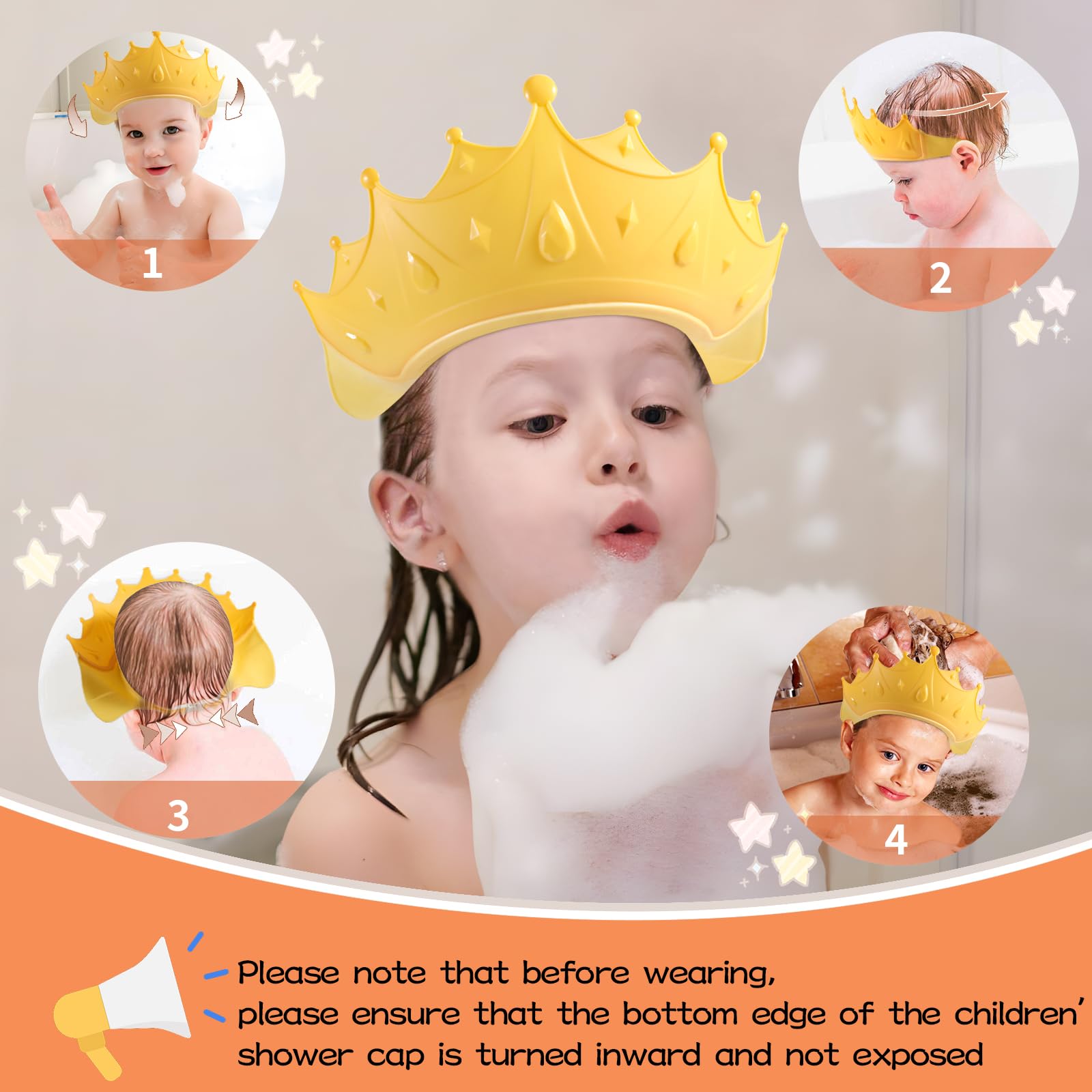 AZXIVIZ Baby Shower Cap Silicone for Children, Soft Adjustable Bathing Crown Hat Safe for Washing Hair, Protect Eyes and Ears from Shampoo for Baby, Toddlers and Kids from 6 Months to 12-Year Old