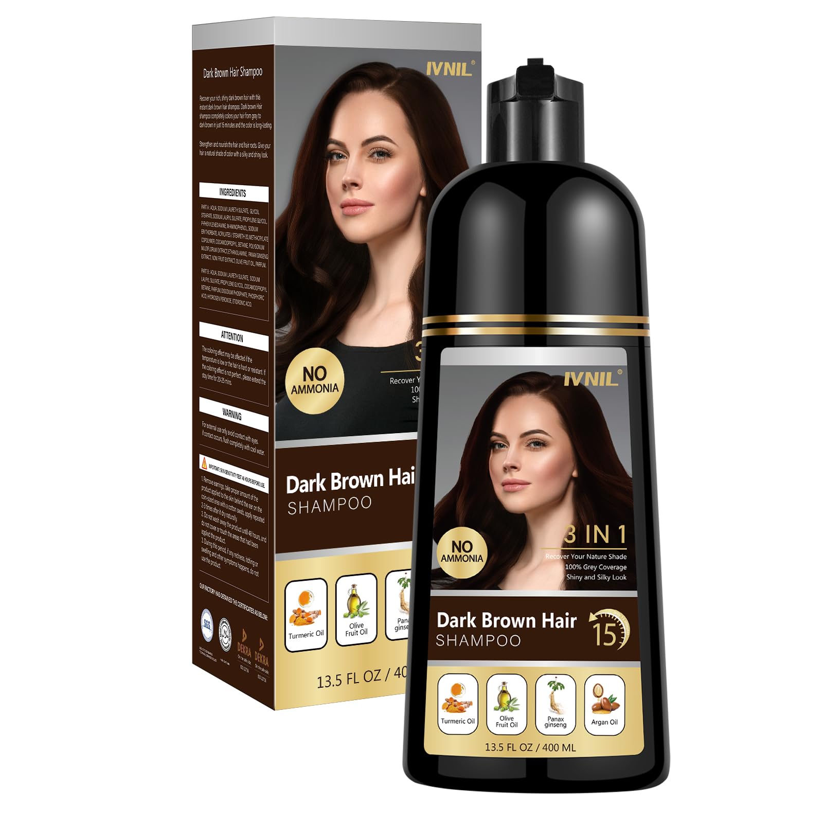 Ivnil Dark Brown Hair Dye Shampoo 3 in 1 Hair Color Shampoo for Gray Coverage Herbal Semi Permanent Champu Para Canas Con Tinte for Women and Men - Instant Result