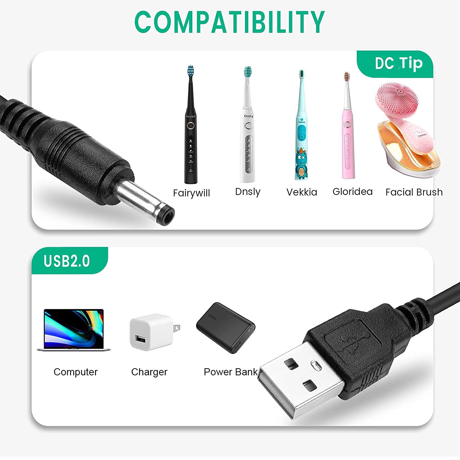 Charger Replacement for Fairywill Sonic Electric Toothbrush - USB Charging Cable 5ft