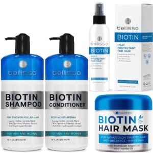 bellisso biotin heat protectant spray with moroccan argan oil and biotin shampoo and conditioner set and biotin hair mask