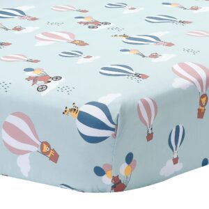 bedtime originals up up & away hot air balloon animals polyester fitted crib sheet - blue