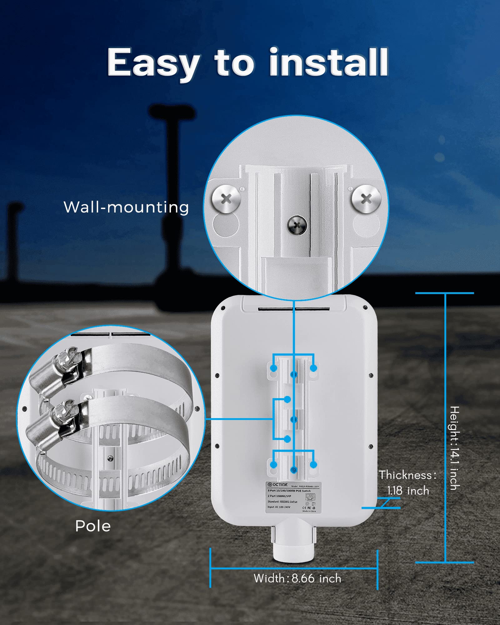 Octide Outdoor Weatherproof PoE Switch, with 4×Gigabit Poe Ports+1×Gigabit Uplink Port+1SFP Slot, All-in-One Box, IEEE802.3af/at, AI Watchdog, Plug&Play, Fan-Less Unmanaged.