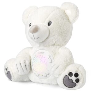 baby sleep soother, mom's heartbeat lullabies soothing sounds white noise machine, auto-off timer night light projector, unique gifts for babies, stuffed animal toys (polar bear)