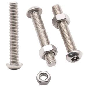 m8-1.25 x 45mm button torx drive head machine screws with stainless steel hex nuts, torx with pin tamper resistant security screws, 304 stainless steel 18/8, 8 sets