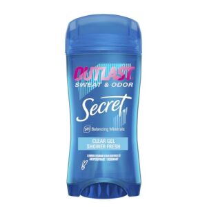 secret outlast antiperspirant deodorant for women, sweat & odor protection, ph balancing minerals, clear gel, shower fresh scent, 2.6 oz