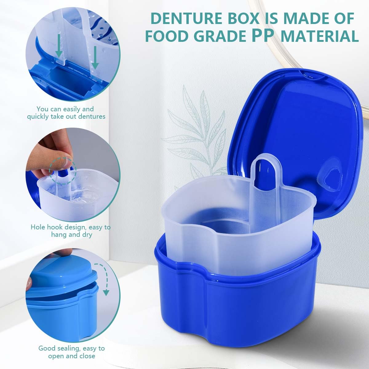 OBTANIM 2 Pack Denture Bath Cup Case Box Holder Storage Soak Container with Strainer Basket for RetainersTravel False Teeth Cleaning (Blue, Green)