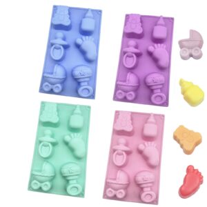 dd-life 4 pcs baby shower party silicone mold,bear pacifier little feet feeding bottle baby carriage silicone fondant mold for chocolate,soap,sugar,polymer clay(1purple,1pink,1green,1blue)