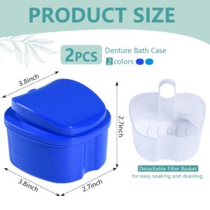 OBTANIM 2 Pack Denture Bath Cup Case Box Holder Storage Soak Container with Strainer Basket for RetainersTravel False Teeth Cleaning (Blue, Green)