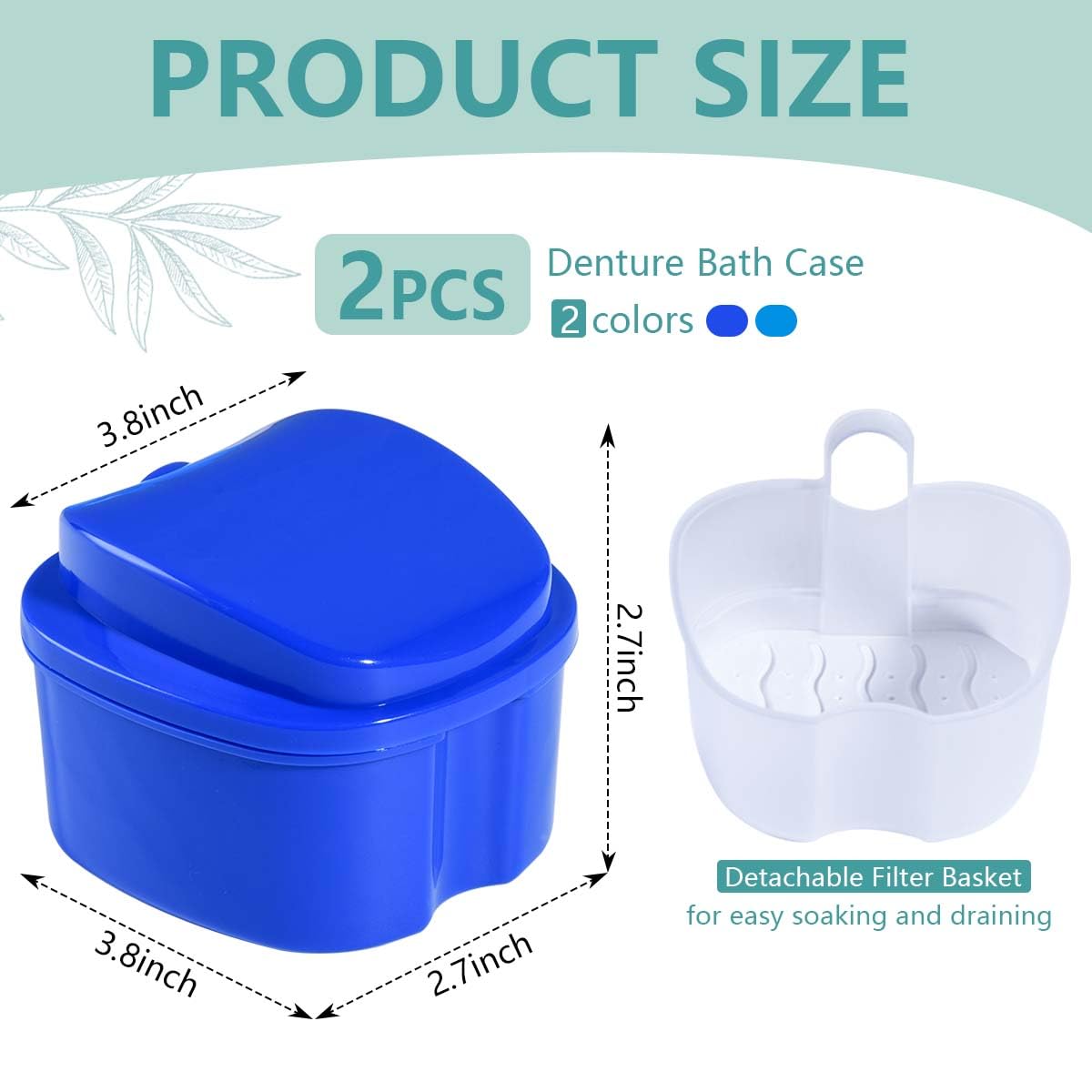 OBTANIM 2 Pack Denture Bath Cup Case Box Holder Storage Soak Container with Strainer Basket for RetainersTravel False Teeth Cleaning (Blue, Green)