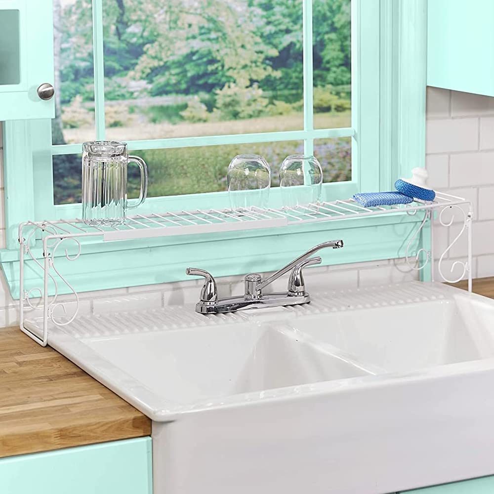 Kovot Expandable Over The Sink Shelf Extends in Length from 24.5" to 40.75" | Add Additional Storage for Soaps, cleansers, sponges and More 8.5" H x 5.75" D (White)