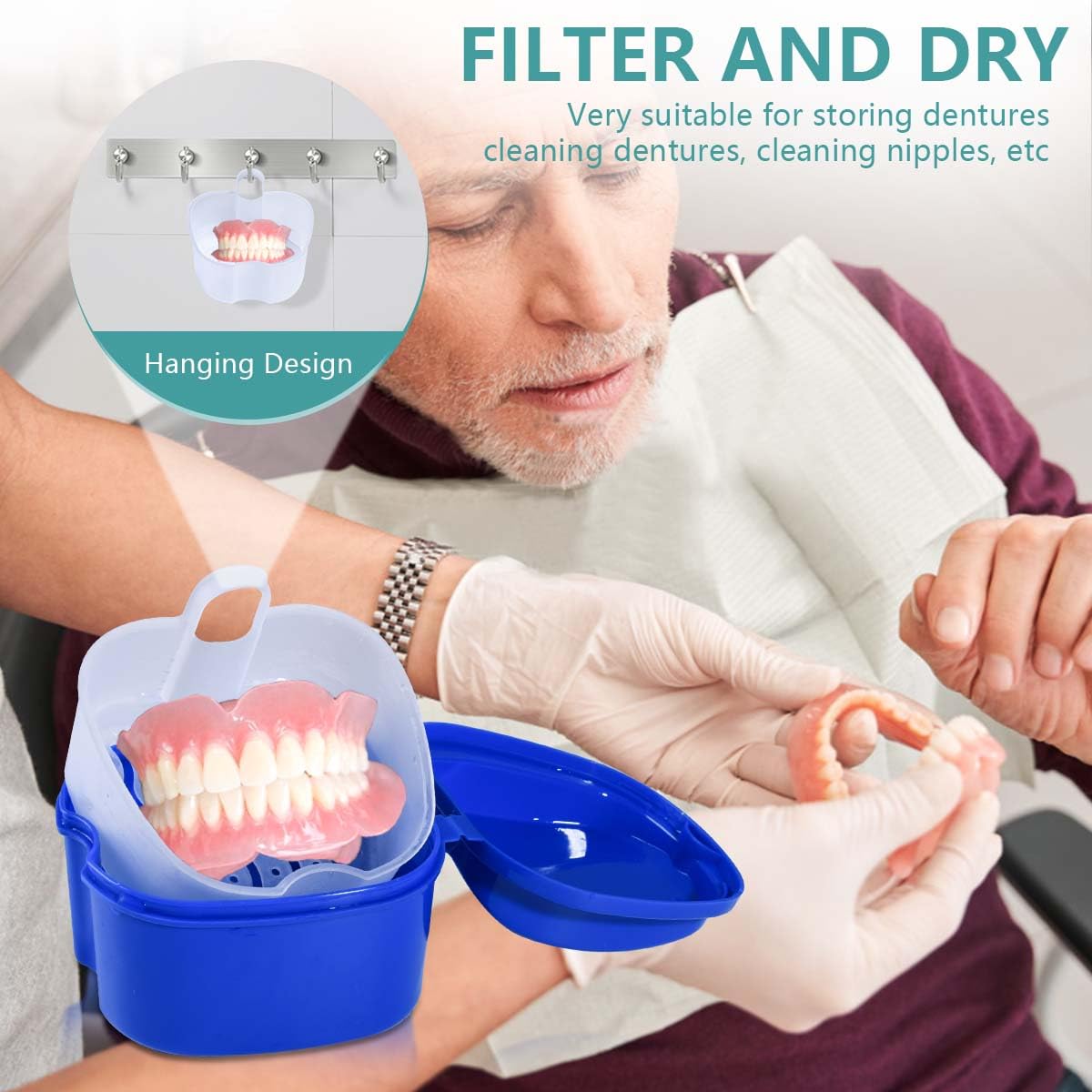 OBTANIM 2 Pack Denture Bath Cup Case Box Holder Storage Soak Container with Strainer Basket for RetainersTravel False Teeth Cleaning (Blue, Green)