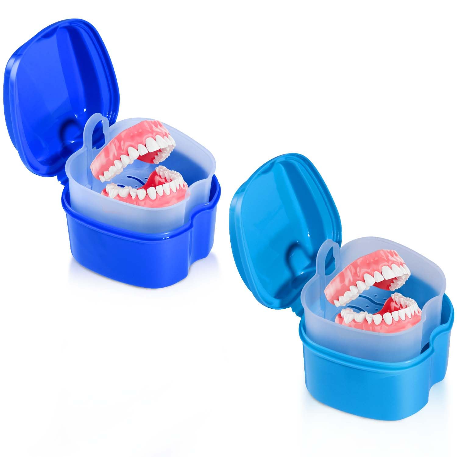 OBTANIM 2 Pack Denture Bath Cup Case Box Holder Storage Soak Container with Strainer Basket for RetainersTravel False Teeth Cleaning (Blue, Green)