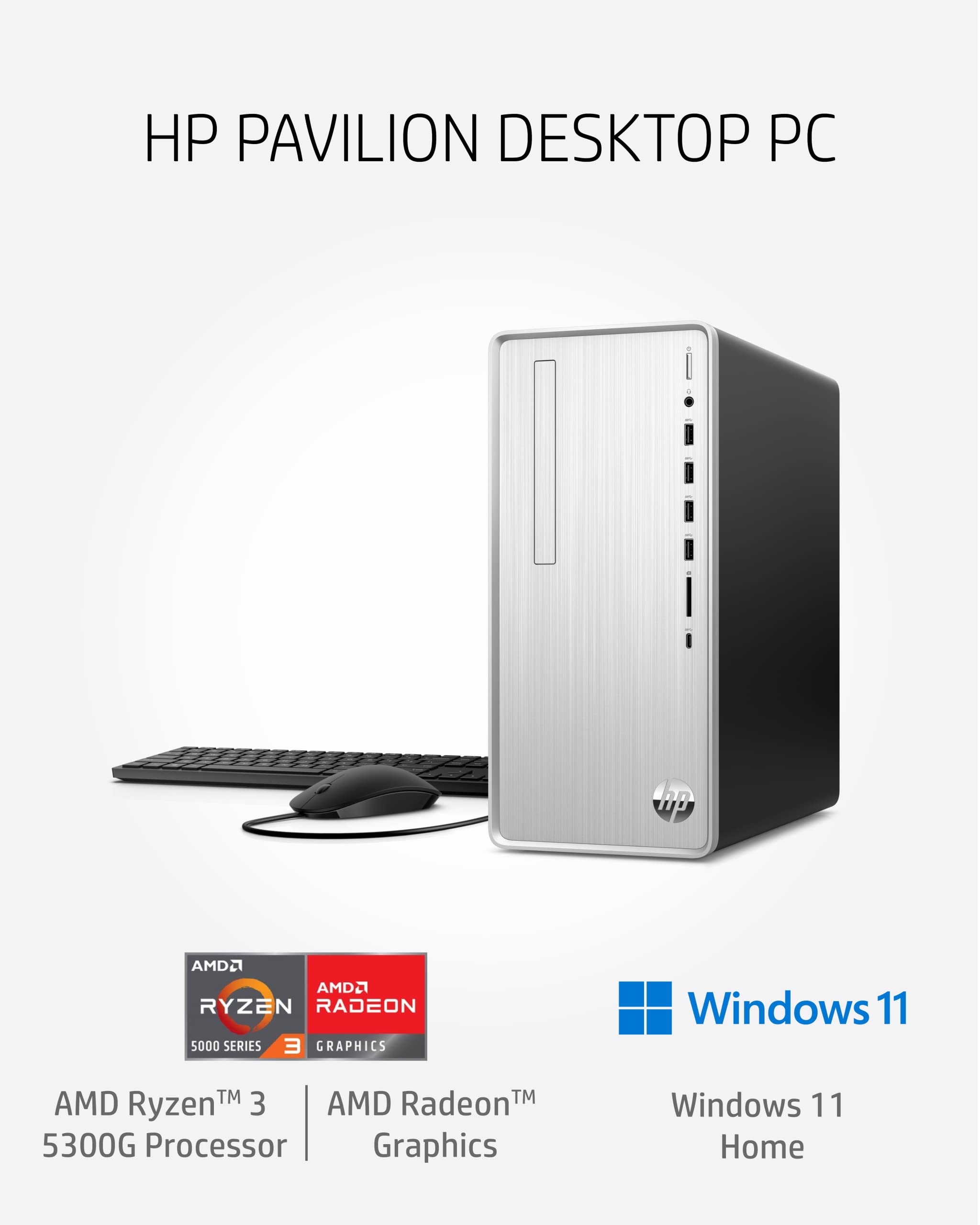 HP Pavilion Desktop PC, AMD Ryzen 3 5300G, 4 GB RAM, 256 GB SSD, Windows 11 Home, Wi-Fi 5 & Bluetooth, 9 USB Ports, Wired Mouse and Keyboard Combo, Pre-Built Tower (TP01-2032, 2021) (Renewed)