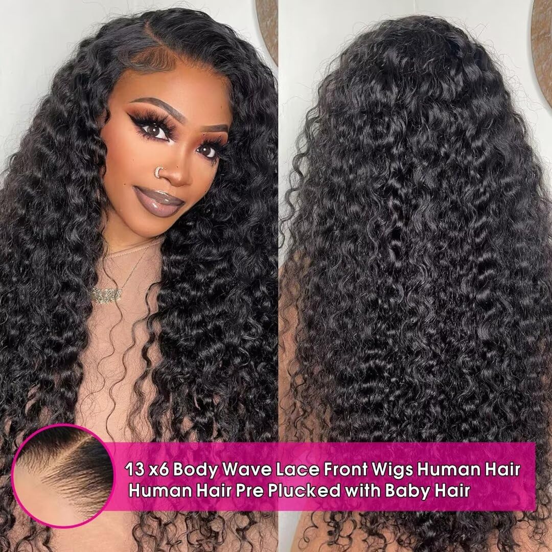 Juvid 13X6 Curly Lace Front Wigs Human Hair 13x6 HD Lace Jerry Curly Frontal Wig for Women 180% Density Glueless Kinky Curly Wigs Pre Plucked Wet and Wavy Deep Wave Wig Natural Black 24 inch