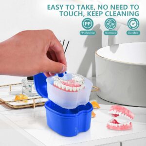 OBTANIM 2 Pack Denture Bath Cup Case Box Holder Storage Soak Container with Strainer Basket for RetainersTravel False Teeth Cleaning (Blue, Green)