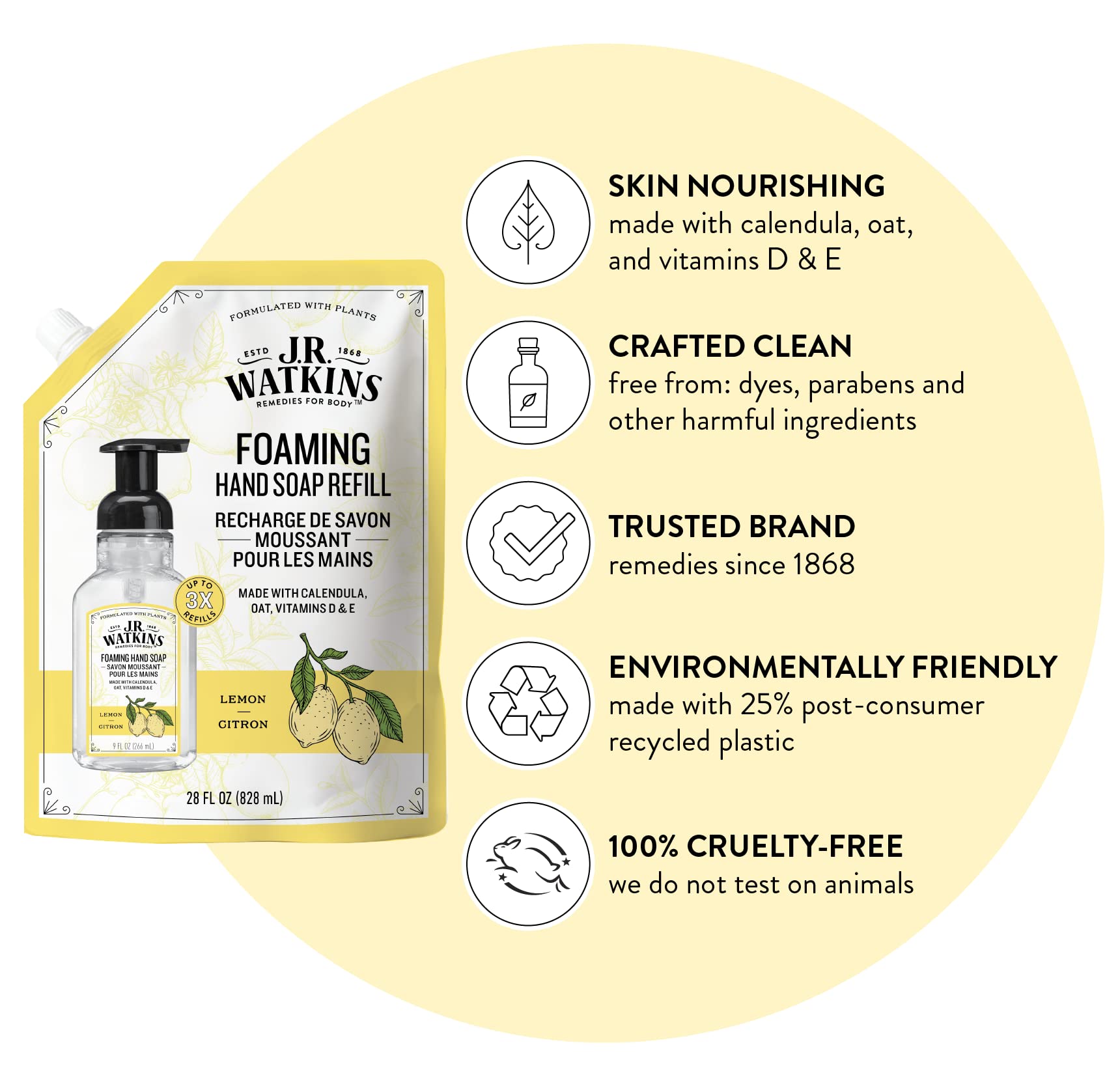 J.R. Watkins Foaming Hand Soap Refill, Moisturizing Foam Hand Wash, All Natural, Alcohol-Free, Cruelty-Free, USA Made, Lemon, 28 fl oz, 3 Pack