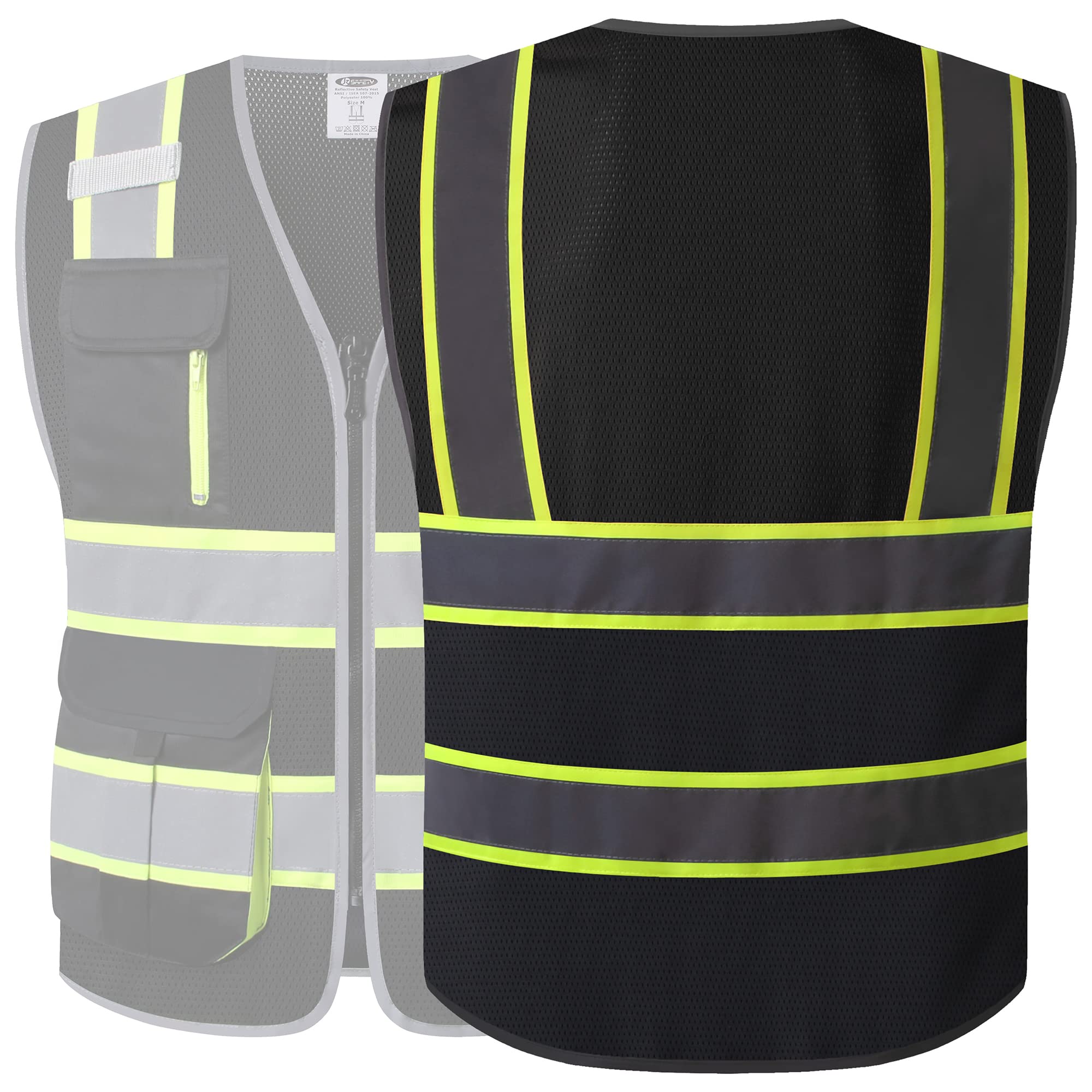 JKSafety 9 Pockets Hi-Vis Mesh Safety Vest for men and women | Chaleco reflectante de seguridad | Zipper Front | Multiple Pockets | Class 1 (140-Black L)