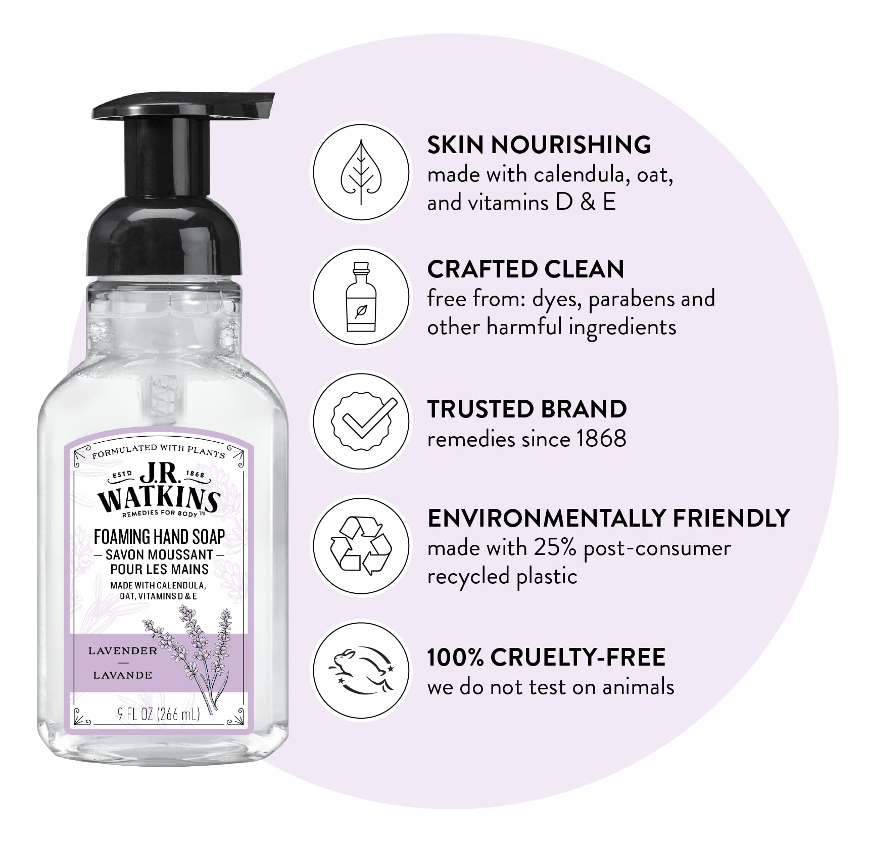 J.R. Watkins Foaming Hand Soap with Pump Dispenser, Moisturizing Foam Hand Wash, All Natural, Alcohol-Free, Cruelty-Free, USA Made, Lavender, 9 fl oz, 3 Pack