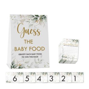 guess the baby food party games sign，gold, green eucalyptus baby shower game set(1 standing sign + 20 answer cards + 6 number cards)，neutral baby bathing game